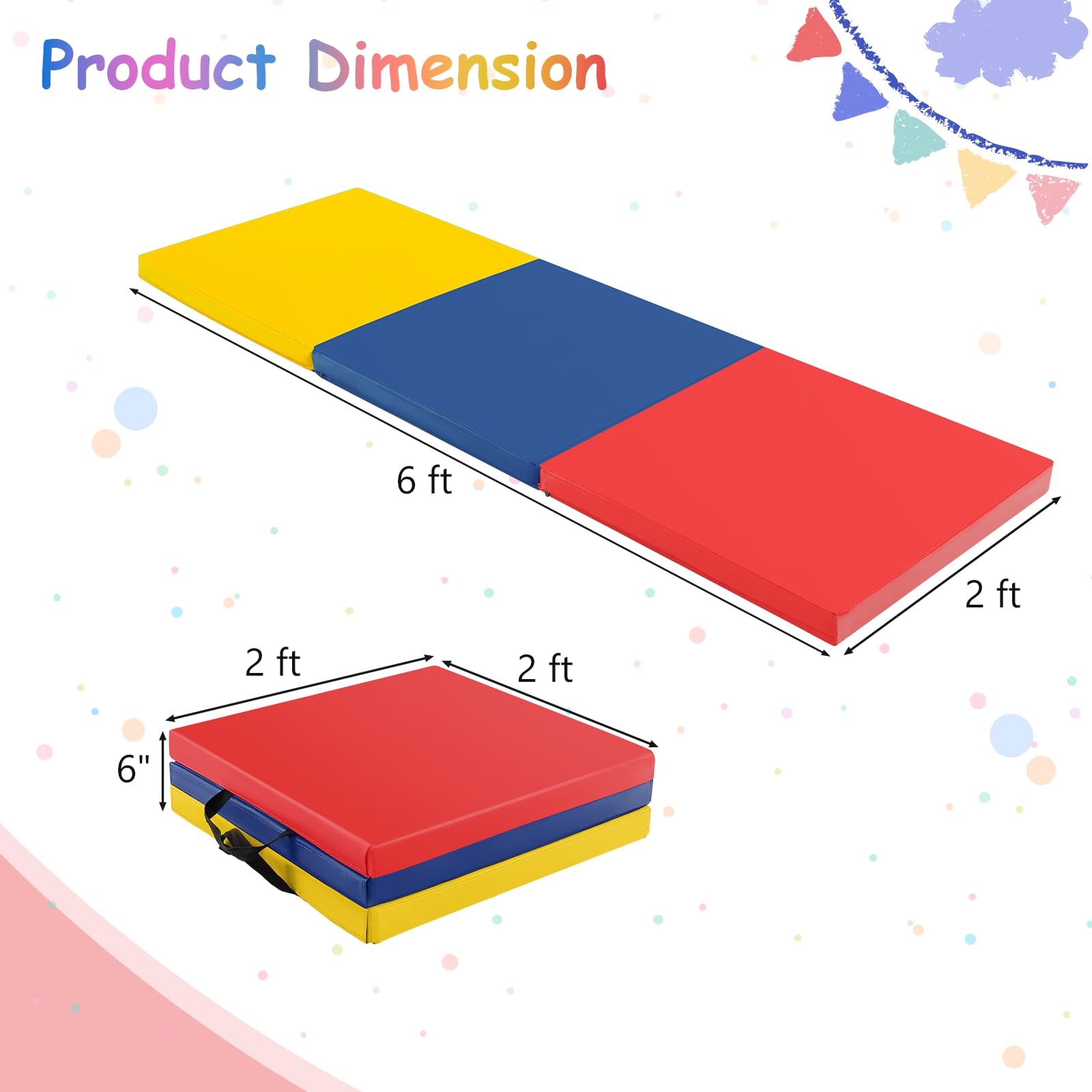 Giantex 6'x2' Tri-Fold Gymnastics Mat with Carry Handles Tumbling Exercise Gym Mat for Aerobics, Yoga, Stretching, MMA (Multicolor)