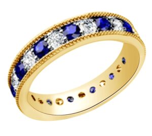 affy 1.3 cttw simulated blue sapphire & white natural diamond eternity wedding band ring in 14k yellow gold with ring size -12