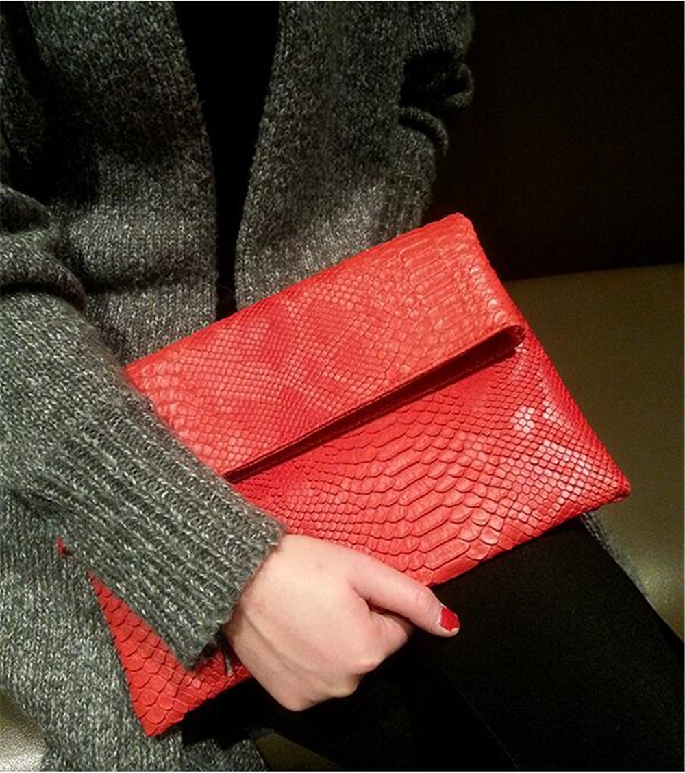 Fashion Snakeskin Envelop Clutch Purse Retro Oversized Handbags for Women (Red)