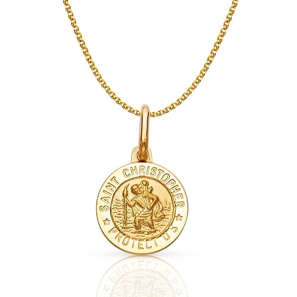 14K Yellow Gold St. Christopher Medal Pendant Necklace Protect Us Charm with 1.2mm Flat Open Wheat Chain - 22"