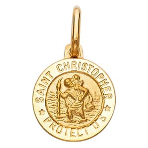 14K Yellow Gold St. Christopher Medal Pendant Necklace Protect Us Charm with 1.2mm Flat Open Wheat Chain - 22"