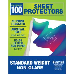 samsill sheet protectors, 8.5x11 inch page protectors, 3 ring binder, standard weight, non-glare protector, letter size, top loading, acid free, 100 pack