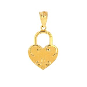 solid 14k yellow gold swirl heart shaped love padlock charm pendant