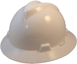 msa v full brim hard hats w/fastrac iii suspensions with handy tote bag - white