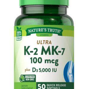 Vitamin K2 MK7 Complex | 100 mcg | 50 Softgels | with Vitamin D3 | Non-GMO & Gluten Free Supplement | by Nature's Truth