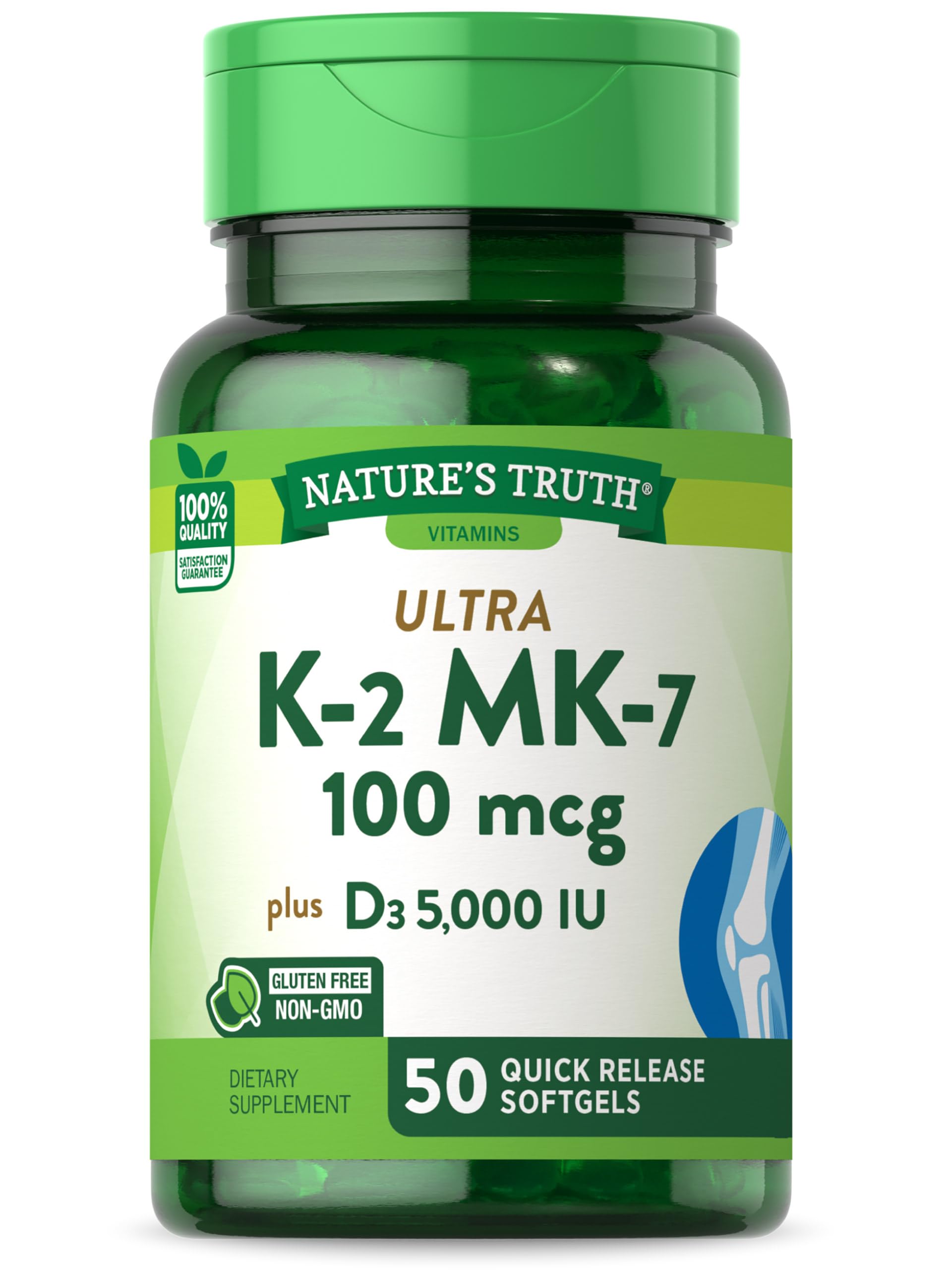 Vitamin K2 MK7 Complex | 100 mcg | 50 Softgels | with Vitamin D3 | Non-GMO & Gluten Free Supplement | by Nature's Truth