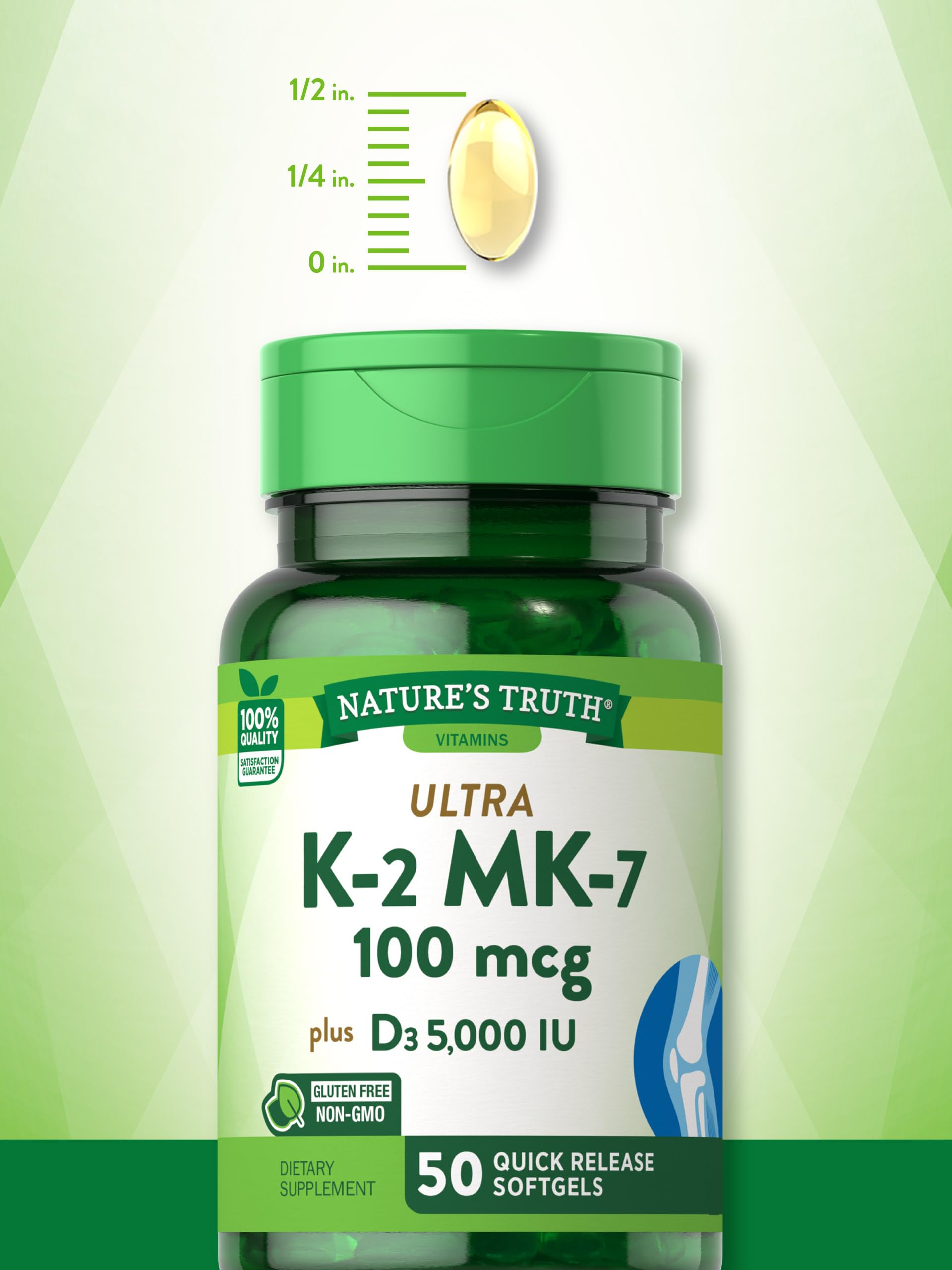 Vitamin K2 MK7 Complex | 100 mcg | 50 Softgels | with Vitamin D3 | Non-GMO & Gluten Free Supplement | by Nature's Truth