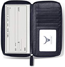 hiscow zippered checkbook cover & card holder with divider - italian calfskin (black)