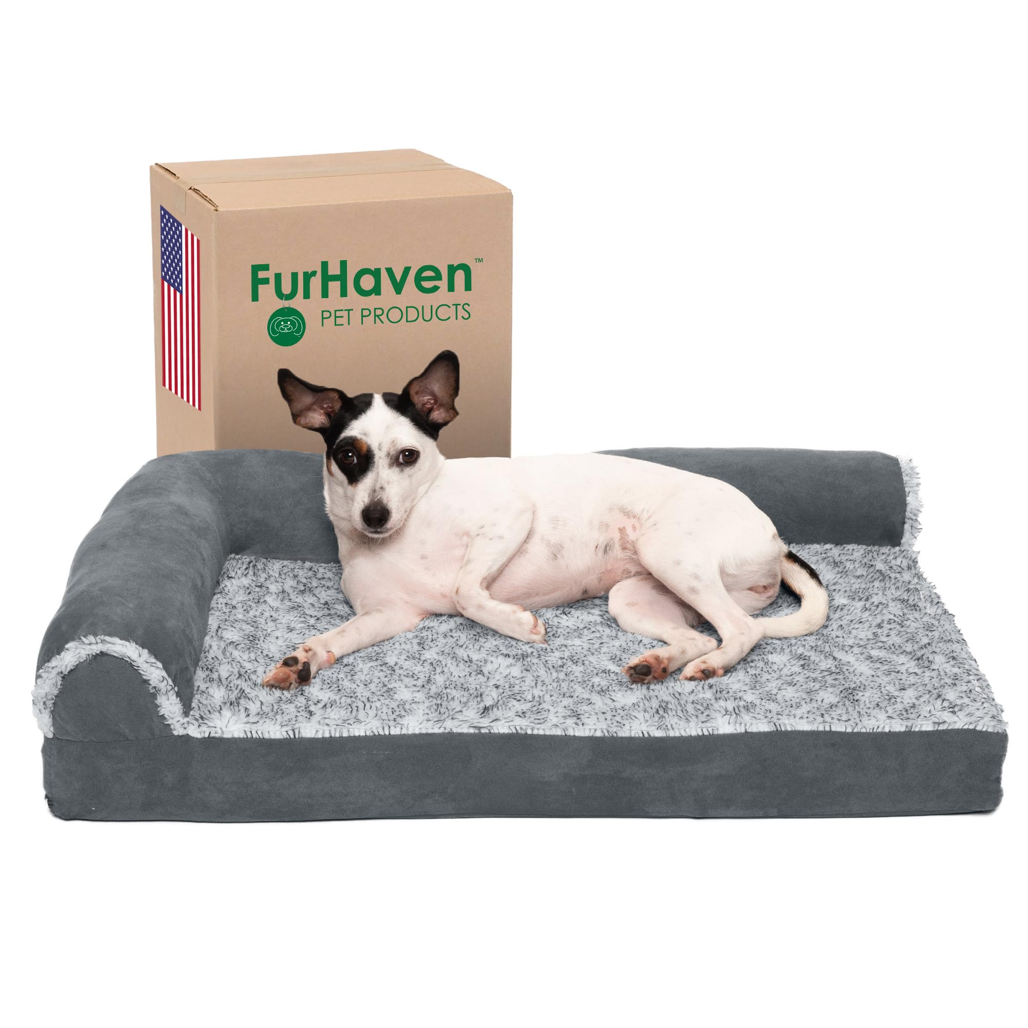 Furhaven Memory Foam Dog Bed for Medium/Small Dogs w/ Removable Bolsters & Washable Cover, For Dogs Up to 35 lbs - Two-Tone Plush Faux Fur & Suede L Shaped Chaise - Stone Gray, Medium