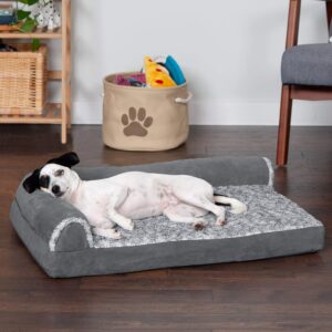 Furhaven Memory Foam Dog Bed for Medium/Small Dogs w/ Removable Bolsters & Washable Cover, For Dogs Up to 35 lbs - Two-Tone Plush Faux Fur & Suede L Shaped Chaise - Stone Gray, Medium