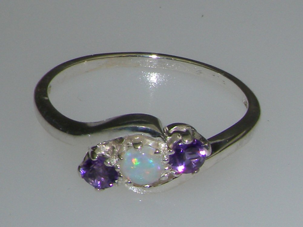 LetsBuyGold 925 Sterling Silver Real Genuine Opal & Amethyst Womens Band Ring - Size 7