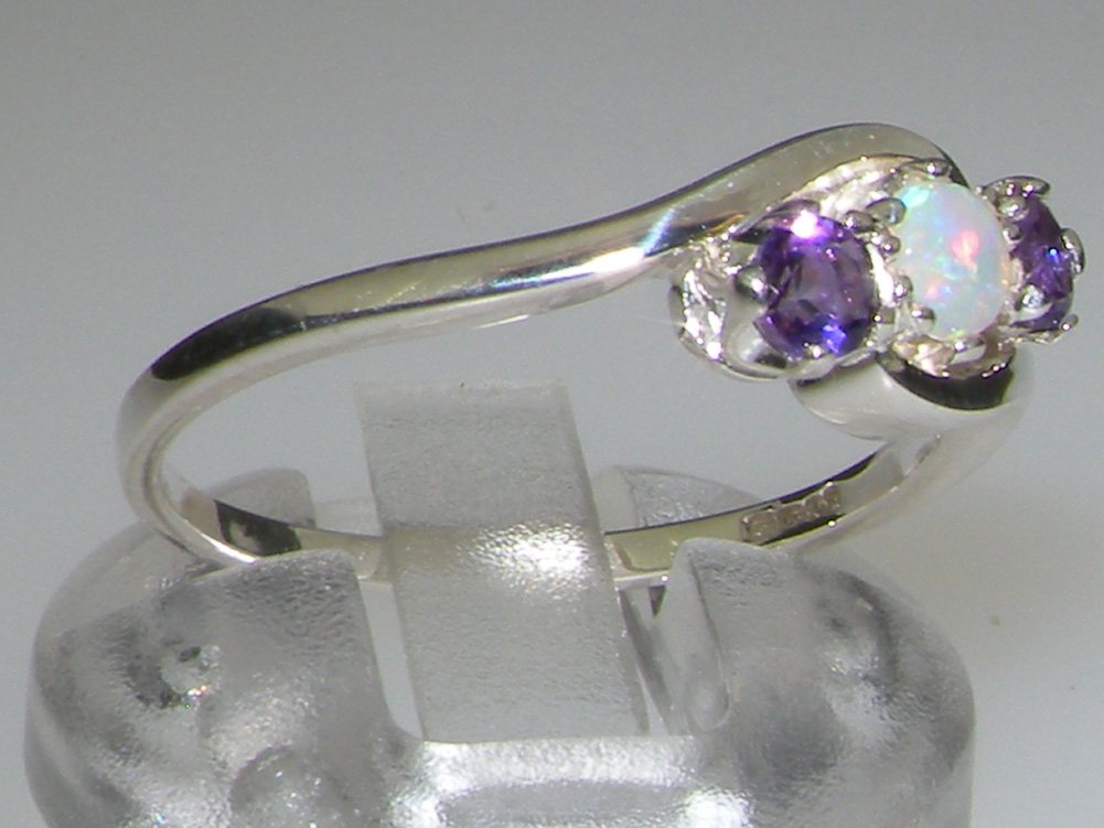 LetsBuyGold 925 Sterling Silver Real Genuine Opal & Amethyst Womens Band Ring - Size 7