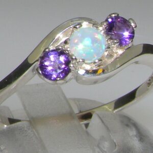 LetsBuyGold 925 Sterling Silver Real Genuine Opal & Amethyst Womens Band Ring - Size 7