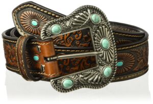 nocona belt co. women's scroll embossed painted turquoise oval belt, brown, medium