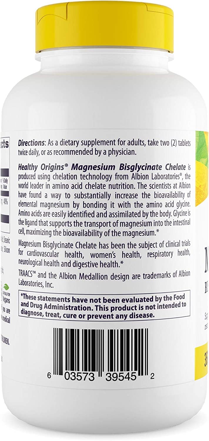 Healthy Origins Magnesium Bisglycinate Chelate (TRAACS) - Chelated Magnesium for Brain & Heart Health - Albion Magnesium Supplement - Unbuffered Supplements - 360 Tablets