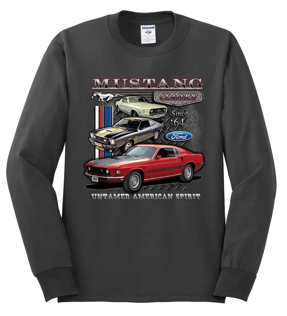 Ford Mustang Classics Untamed American Spirit Cars and Trucks Mens Long Sleeve Shirt, Charcoal, Large