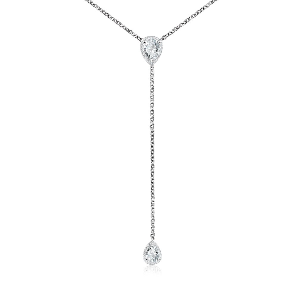 espere CZ Pear Drop Lariat Necklace 16" with 2.75" Y Drop Adjustable, White Gold Finish