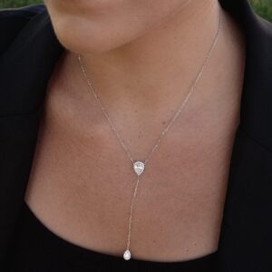 espere CZ Pear Drop Lariat Necklace 16" with 2.75" Y Drop Adjustable, White Gold Finish