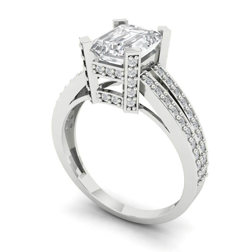 2.45 Ct Emerald Cut Clear Simulated Diamond 14K White Gold Solitaire with Accents Engagement Promise Bridal Ring Size 5.25