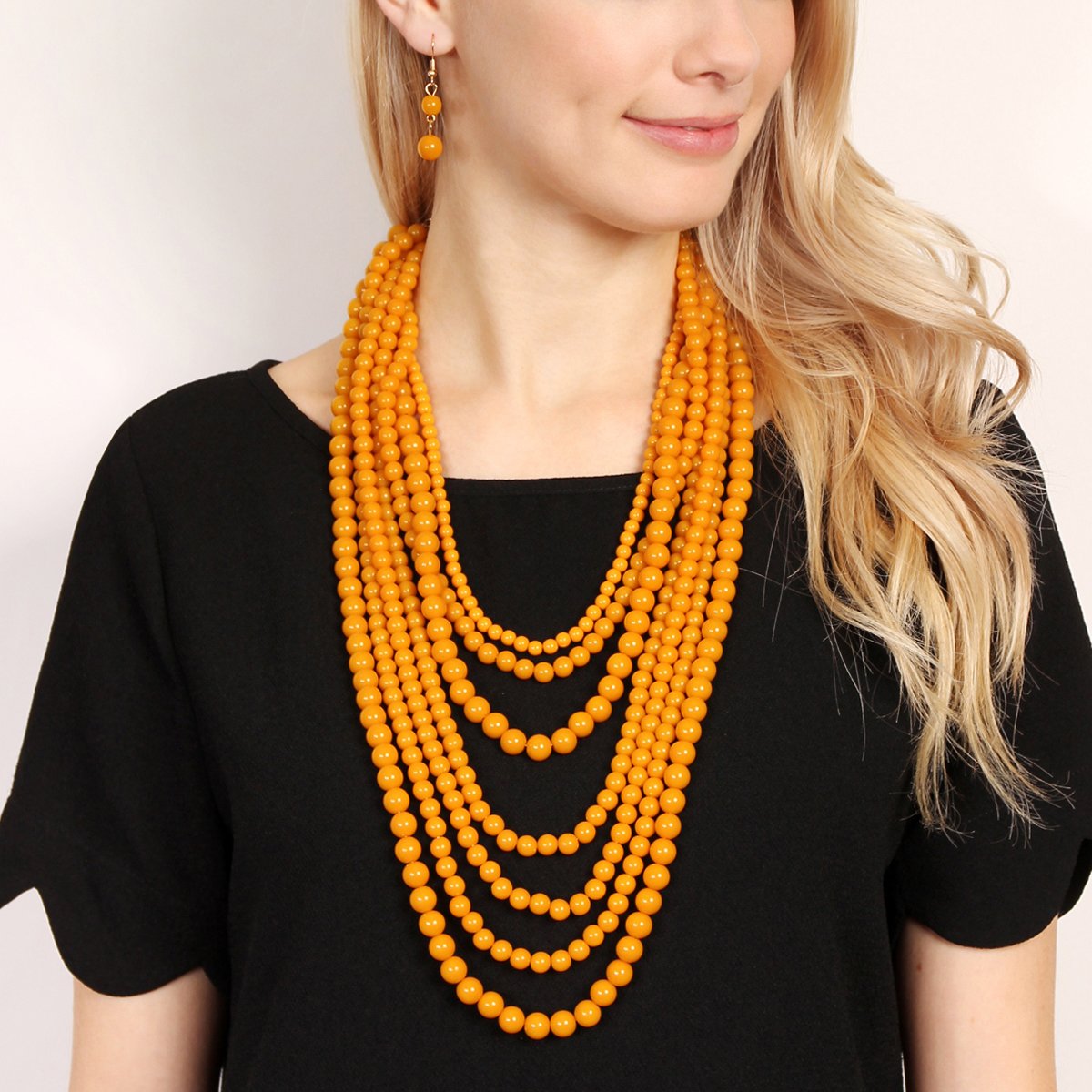 RIAH FASHION Multi Layer Beaded Bubble Statement Necklace - Round Ball Chunky Drape Bib Collar 7 Strands (7 Strand Long - Mustard Yellow)