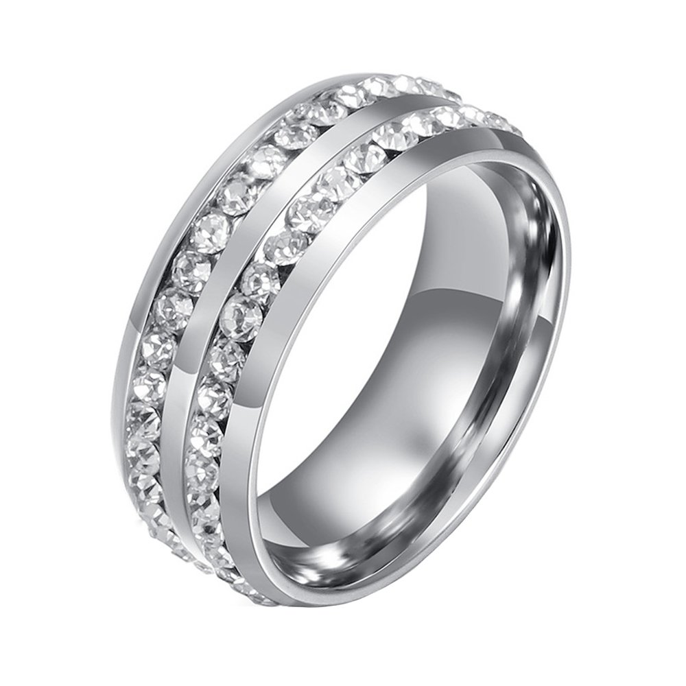 OAKKY Stainless Steel Double Rows Cubic Zirconia Wedding Ring for Men Women, Silver, Size 8