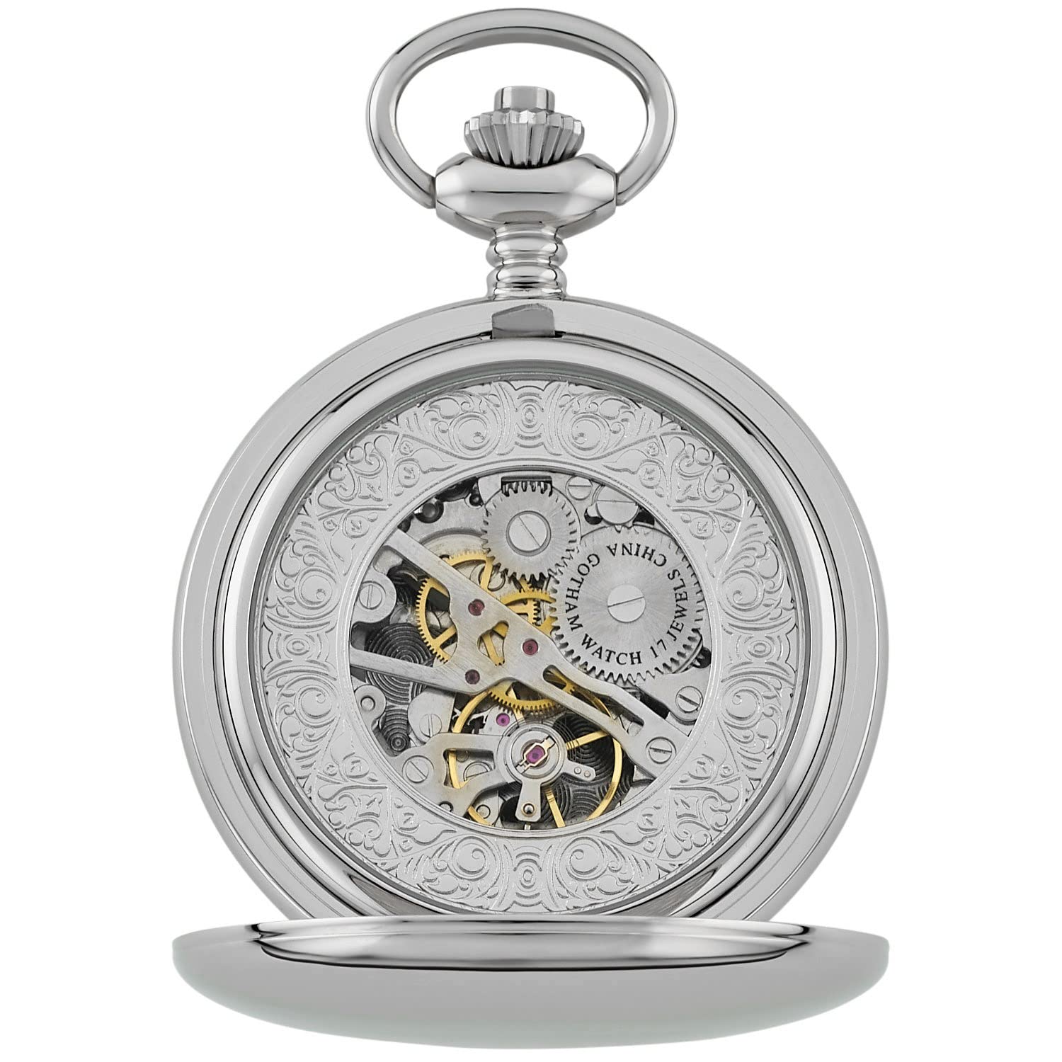 Gotham Men's Silver-Tone 17 Jewel Mechanical Double Cover Pocket Watch # GWC14050SA