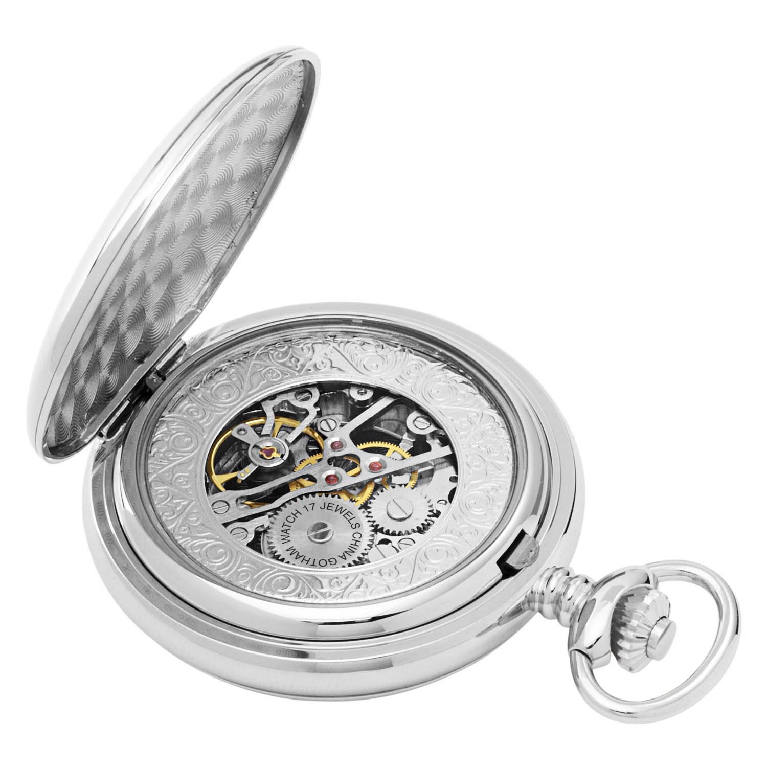 Gotham Men's Silver-Tone 17 Jewel Mechanical Double Cover Pocket Watch # GWC14050SA