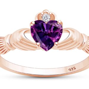 Jewel Zone US Heart Cut Simulated Amethyst & Cubic Zirconia Claddagh Ring In 14k Rose Gold Over Sterling Silver Jewelry Gift For Her Ring Size-12