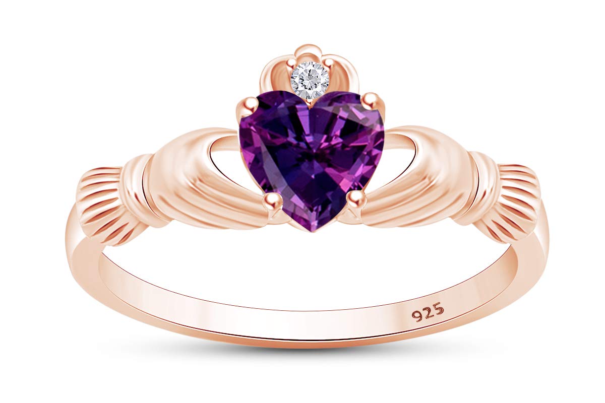 Jewel Zone US Heart Cut Simulated Amethyst & Cubic Zirconia Claddagh Ring In 14k Rose Gold Over Sterling Silver Jewelry Gift For Her Ring Size-12