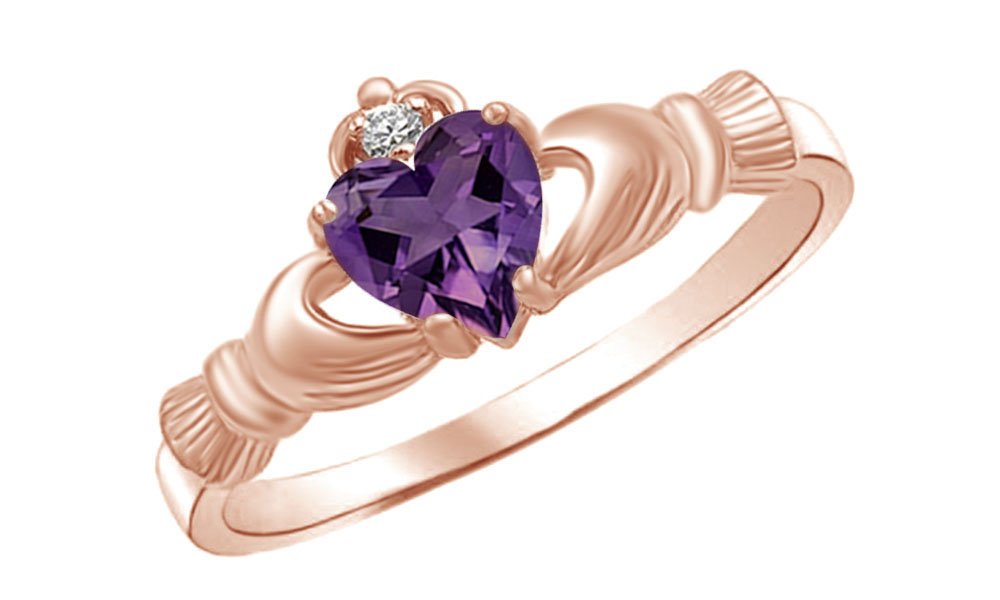 Jewel Zone US Heart Cut Simulated Amethyst & Cubic Zirconia Claddagh Ring In 14k Rose Gold Over Sterling Silver Jewelry Gift For Her Ring Size-12