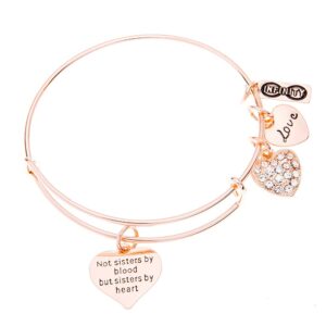 infinity collection - best friends bangle bracelets for women, engraved (not sisters by blood but sisters by heart) rose gold friend jewelry, infinity adjustable bracelets. gift for friends