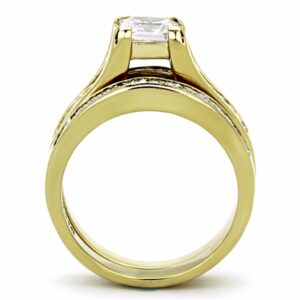 Couples Ring Set Womens 14K Gold Plated Stainless Steel Princess CZ Engagement Ring Mens Gold Plated Flat Wedding Band- Size W7M8