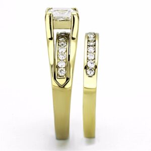 Couples Ring Set Womens 14K Gold Plated Stainless Steel Princess CZ Engagement Ring Mens Gold Plated Flat Wedding Band- Size W7M8