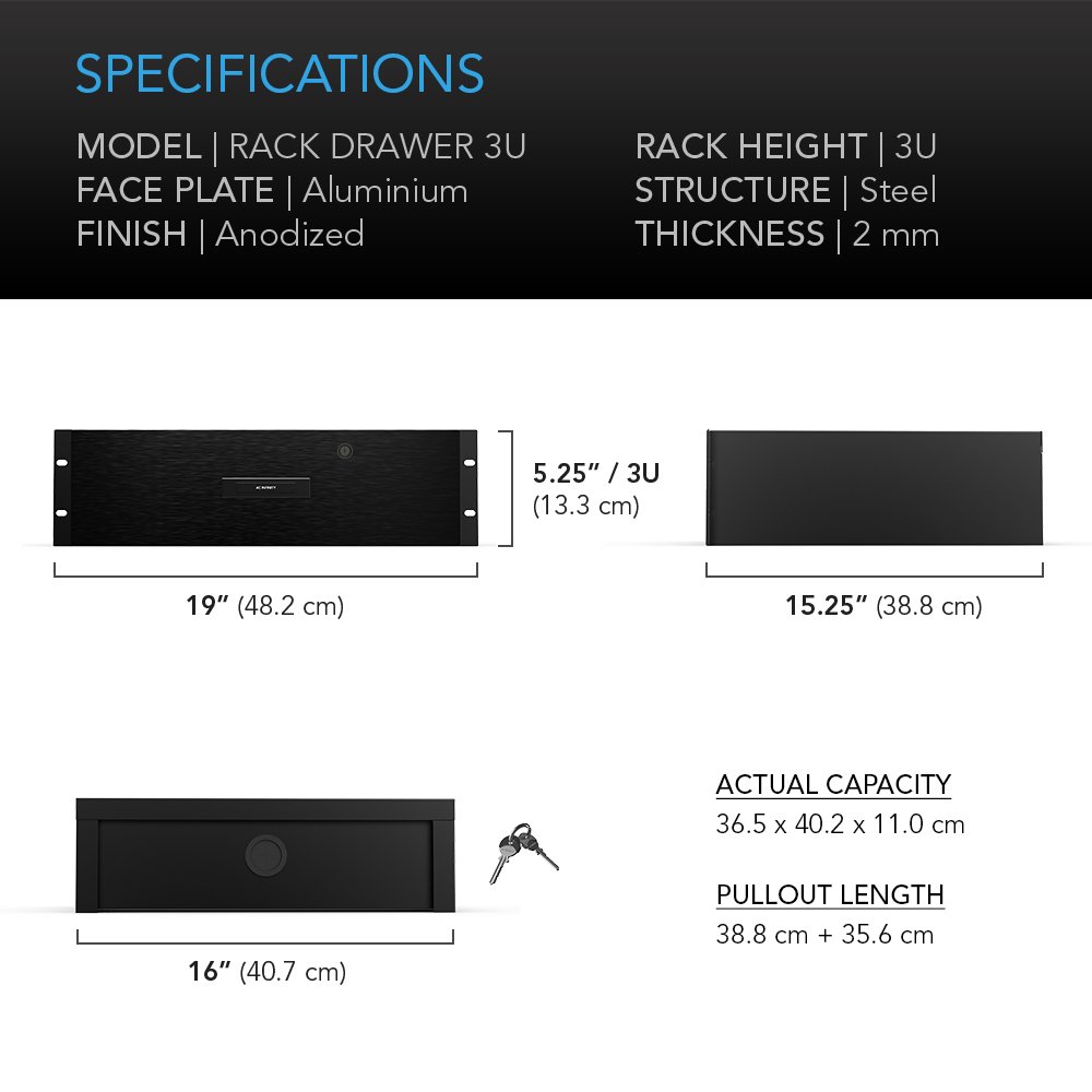 AC Infinity Rack Mount Drawer 3U with Aluminum Faceplate, with Lock and Key, for 19” Equipment Server AV DJ Cabinets Racks