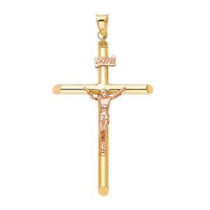 solid 14k yellow rose gold crucifix pendant - 38mm x 24mm two tone jesus cross charm religious pendant - suitable for men & women - great gift for christmas & all occasion