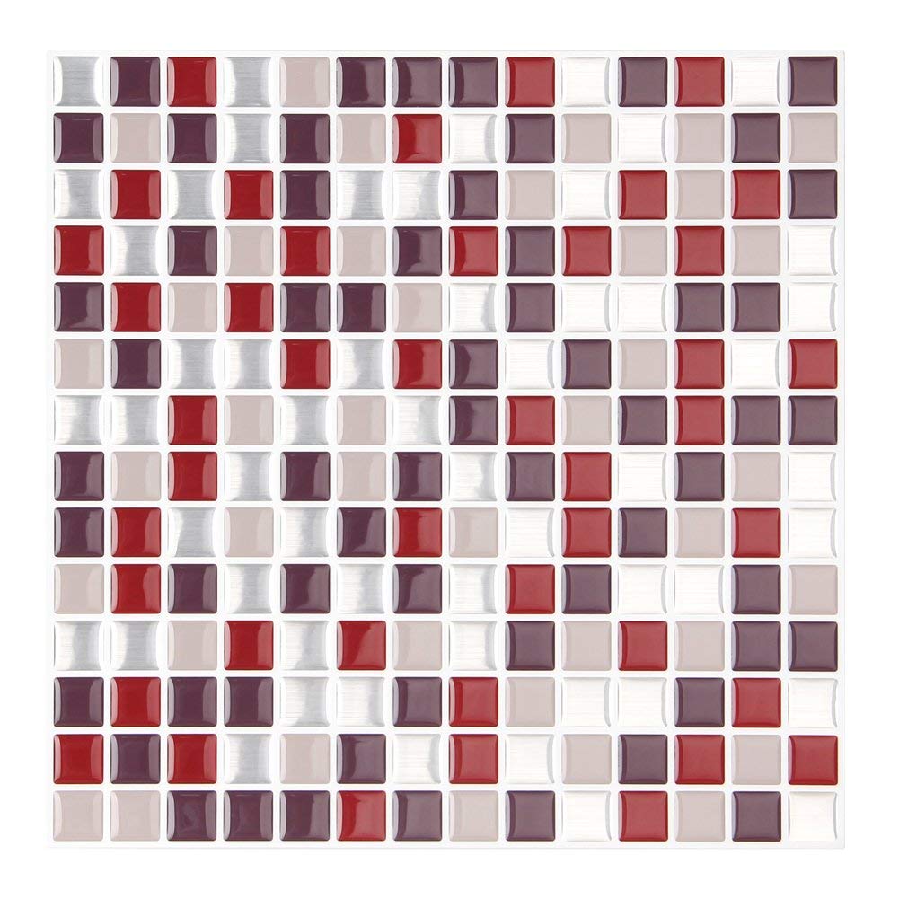 FARONZE Kitchen Mosaic Wall Tiles Peel and Stick Self-Adhesive DIY Backsplash Stick-on Vinyl Wall Tiles for Kitchen and Bathroom 12" X 12" Each, 4 Sheets Pack (Burgundy)