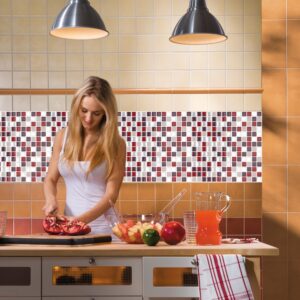 FARONZE Kitchen Mosaic Wall Tiles Peel and Stick Self-Adhesive DIY Backsplash Stick-on Vinyl Wall Tiles for Kitchen and Bathroom 12" X 12" Each, 4 Sheets Pack (Burgundy)