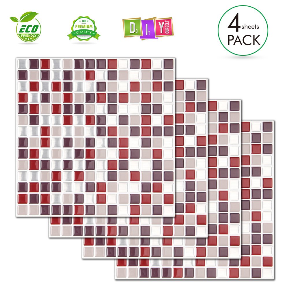 FARONZE Kitchen Mosaic Wall Tiles Peel and Stick Self-Adhesive DIY Backsplash Stick-on Vinyl Wall Tiles for Kitchen and Bathroom 12" X 12" Each, 4 Sheets Pack (Burgundy)