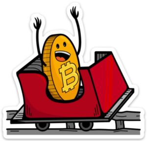 stickeroonie bitcoin vinyl sticker, bitcoin on a roller coaster ride, 4 x 4 inches size