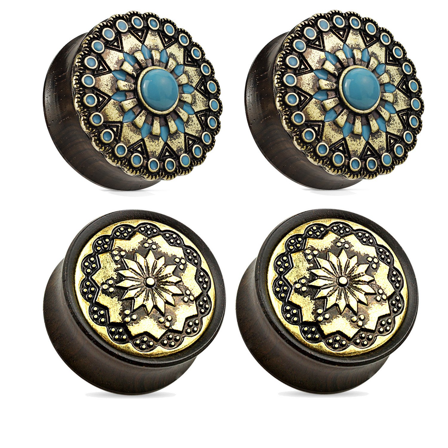 Zaya Body Jewelry 2 Pairs Black Wood Tribal Turquoise Flower Wood Ear Plugs Tunnels 0g 1/2 9/16 5/8 3/4 7/8 1 Inch (7/8 22mm)