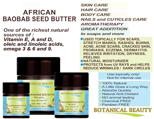 Botanical Beauty BAOBAB SEED OIL BUTTER 100% Natural RAW VIRGIN UNREFINED for Skin, Hair, Lip and Nail Care. 8 Fl. oz. - 240 ml. Rich in Vitamin E