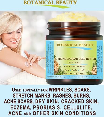 Botanical Beauty BAOBAB SEED OIL BUTTER 100% Natural RAW VIRGIN UNREFINED for Skin, Hair, Lip and Nail Care. 8 Fl. oz. - 240 ml. Rich in Vitamin E