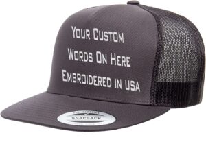 custom flat bill trucker snapback hat yupoong 6006 embroidered your own text (charcoal flatbill trucker)