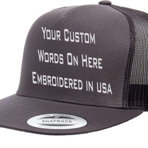 Custom Flat Bill Trucker Snapback Hat Yupoong 6006 Embroidered Your Own Text (Charcoal Flatbill Trucker)