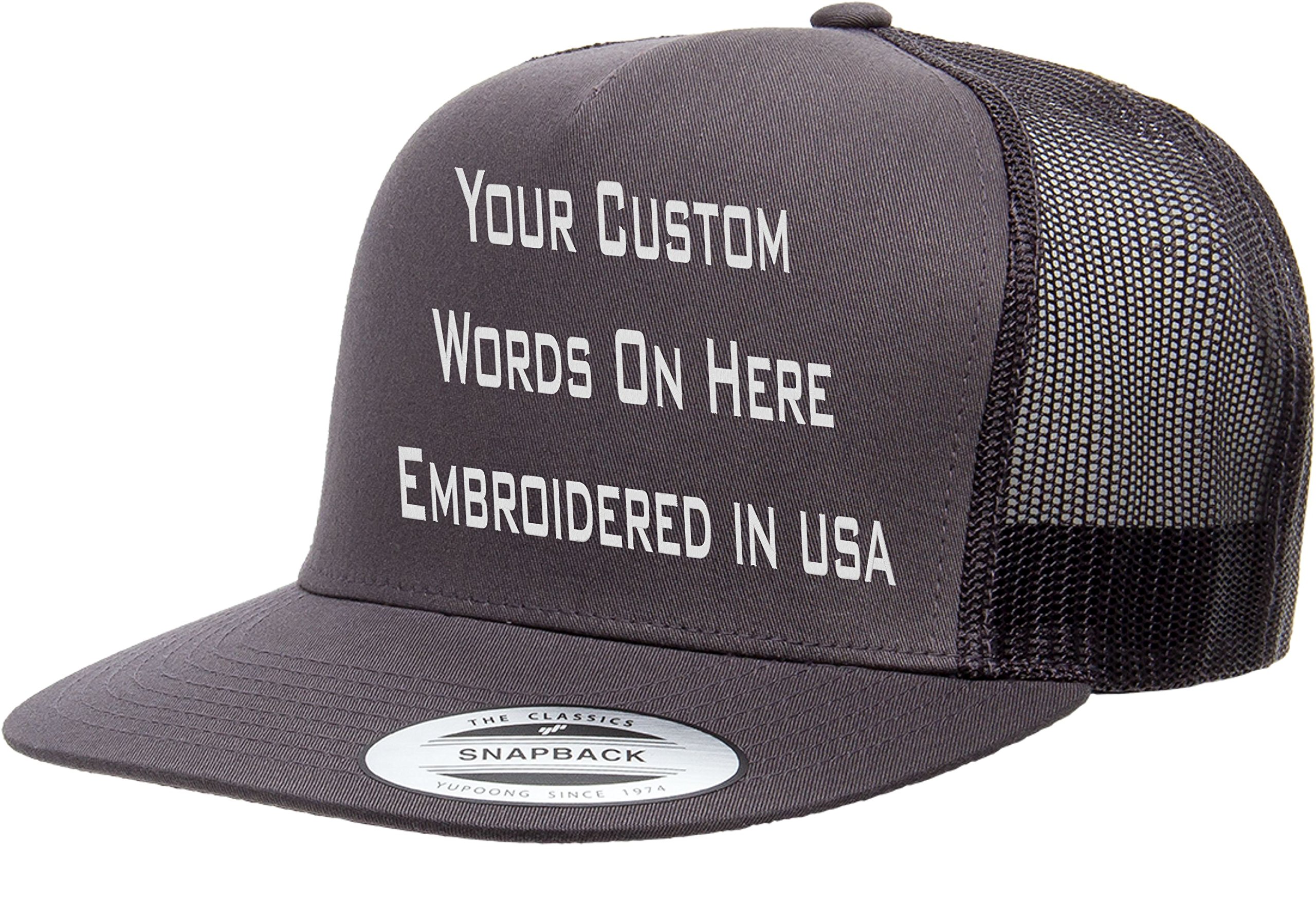 Custom Flat Bill Trucker Snapback Hat Yupoong 6006 Embroidered Your Own Text (Charcoal Flatbill Trucker)