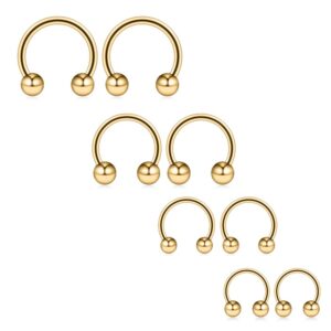 ruifan 4prs(8pcs) 20g 16g 14g 12g surgical steel nose septum horseshoe earring eyebrow tongue lip nipple helix tragus piercing rings 8mm,10mm,12mm,14mm - gold