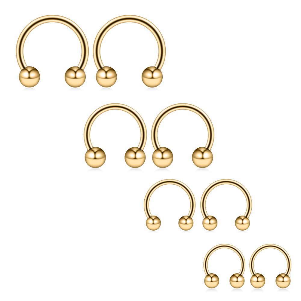 Ruifan 4prs(8pcs) 20G 16G 14G 12G Surgical Steel Nose Septum Horseshoe Earring Eyebrow Tongue Lip Nipple Helix Tragus Piercing Rings 8mm,10mm,12mm,14mm - Gold