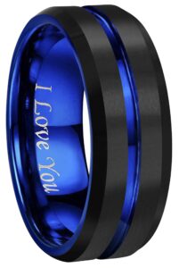 4mm 6mm 8mm 10mm blue groove black matte finish tungsten carbide wedding band ring engraved i love you (8mm,11)