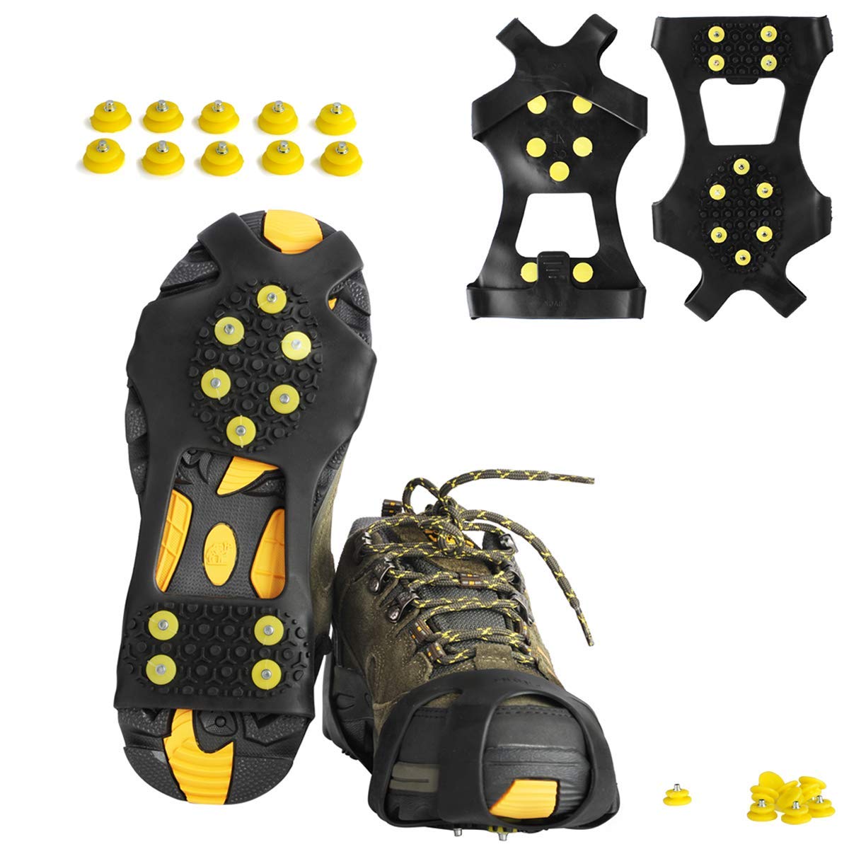 Ice Cleats, willceal Ice Grippers Traction Cleats Shoes and Boots Rubber Snow Shoe Spikes Crampons with 10 Steel Studs Cleats (Yellow,Large)