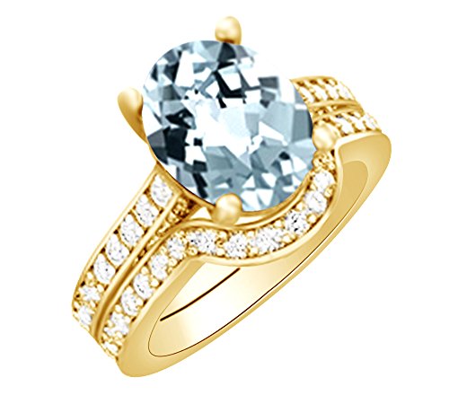 AFFY 3.14 cttw Simulated Blue Aquamarine & White Natural Diamond Engagement & Wedding Ring Set in 14k Yellow Gold Ring Size 4.5